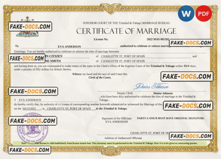 Trinidad and Tobago marriage certificate Word and PDF template, completely editable | Fake Docs
