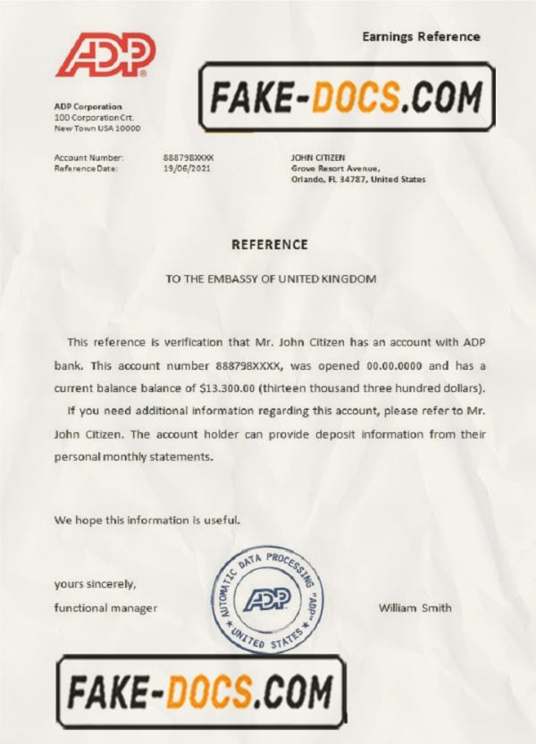 USA ADP bank account reference letter template in Word and PDF format ...