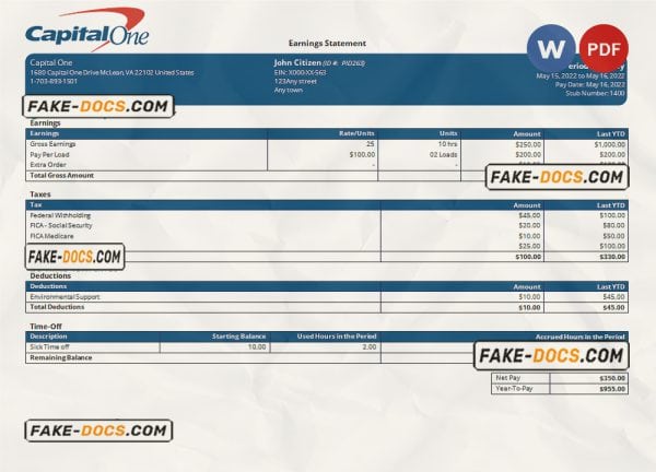 USA Capital One banking company pay stub Word and PDF template | Fake ...