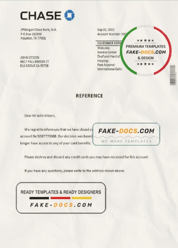 USA Chase bank account closure reference letter template in Word and ...