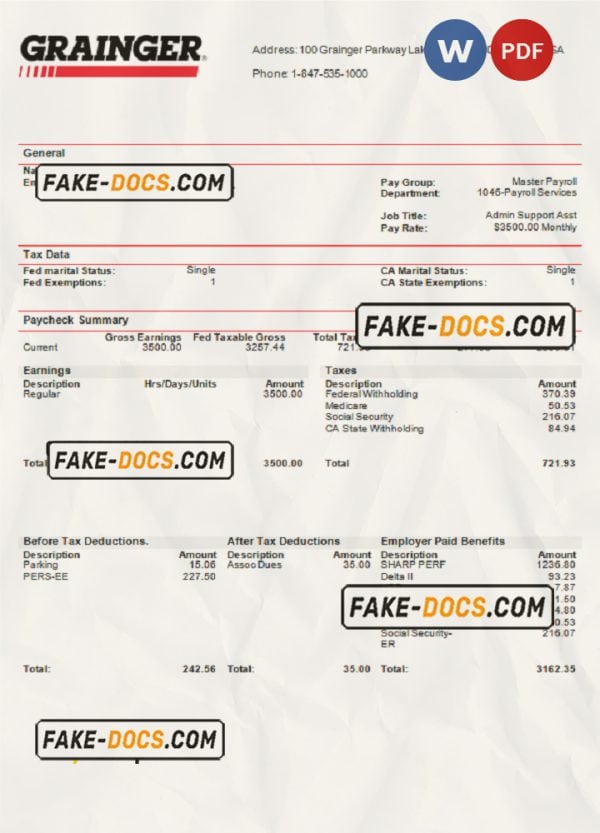 USA Grainger industry company pay stub Word and PDF template | Fake ...