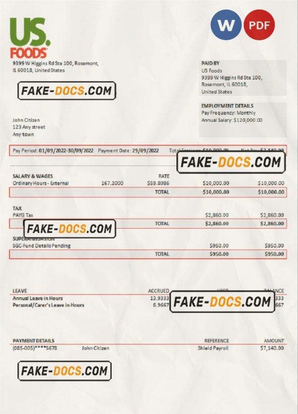 USA US Foods food distribution company pay stub Word and PDF template ...