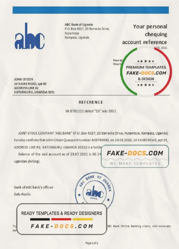 Uganda ABC bank account reference letter template in Word and PDF ...