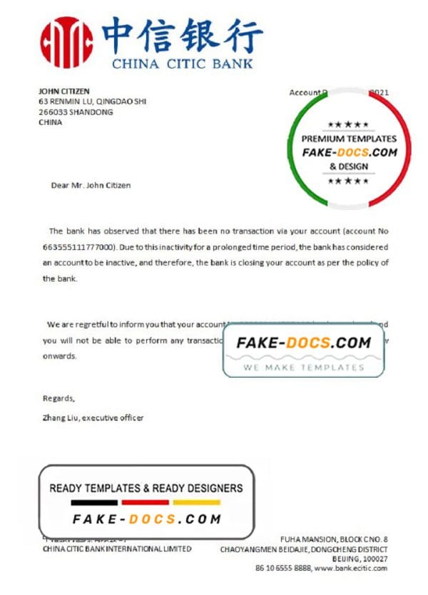 China Citic Bank account closure reference letter template in Word and ...