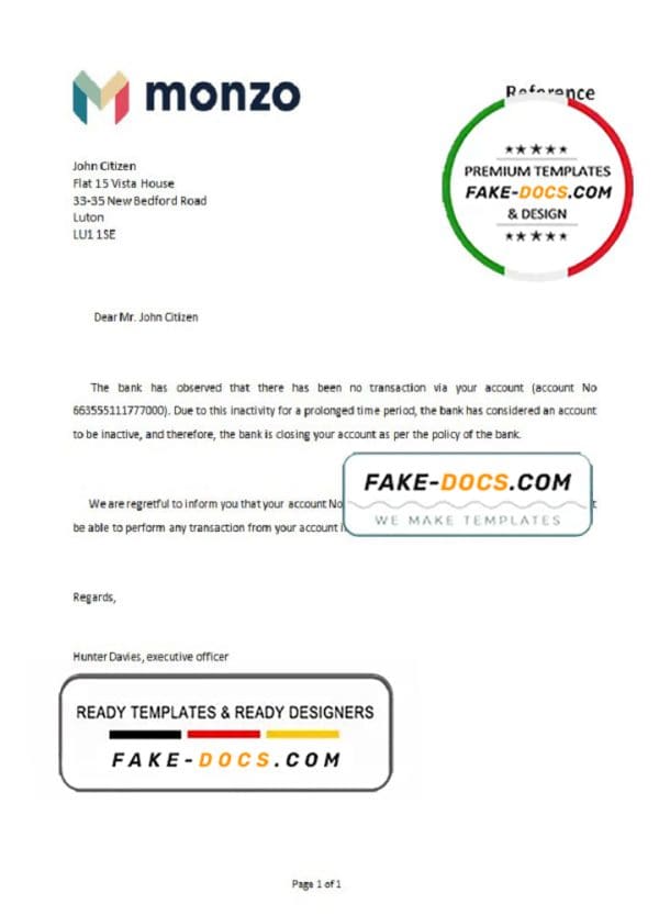 United Kingdom Monzo bank account closure reference letter template in ...