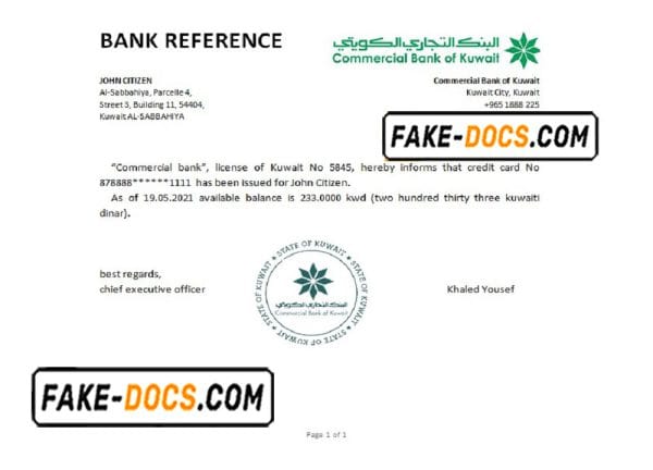 Kuwait Commercial Bank of Kuwait bank account reference letter template ...