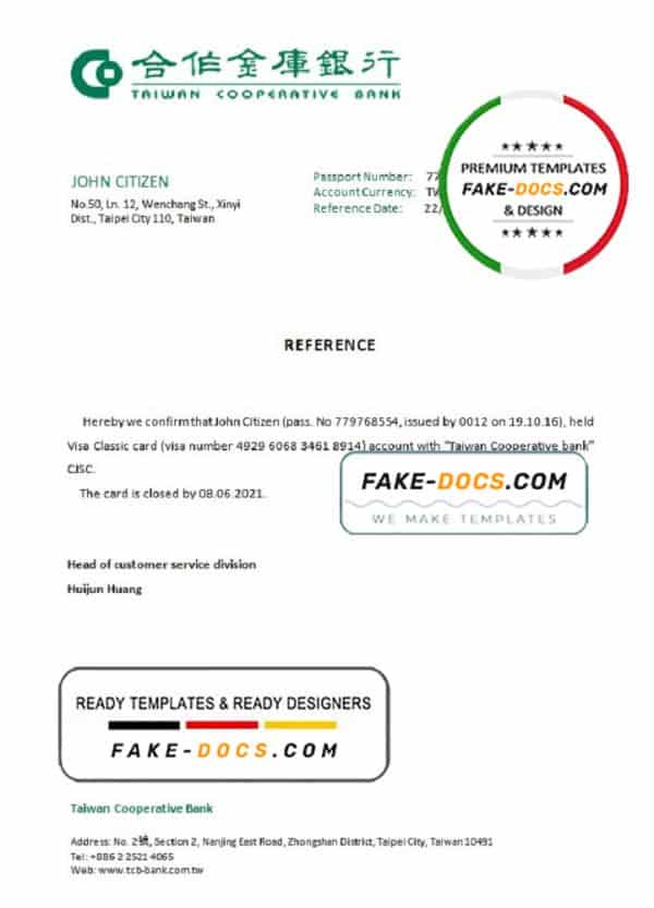 Taiwan Cooperative Bank account closure reference letter template in ...