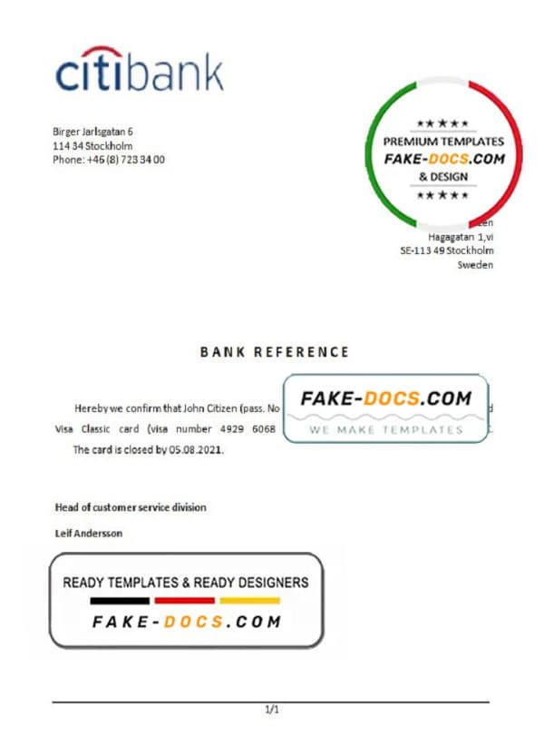 Sweden Citibank bank account closure reference letter template in Word ...