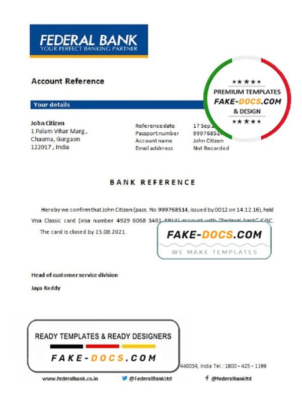 India Federal bank account closure reference letter template in Word ...