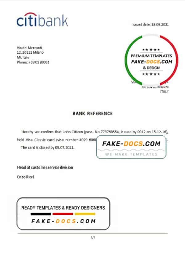 Italy Citibank bank account closure reference letter template in Word ...