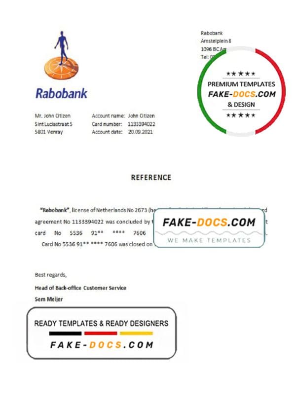 Netherlands Rabobank bank account closure certificate template in Word ...
