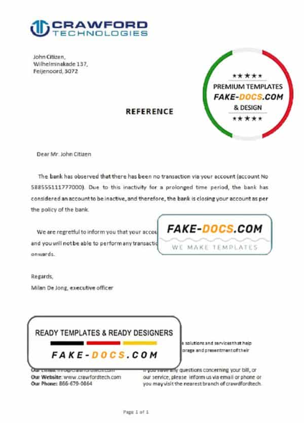 Netherlands Crawford bank account closure certificate template in Word ...