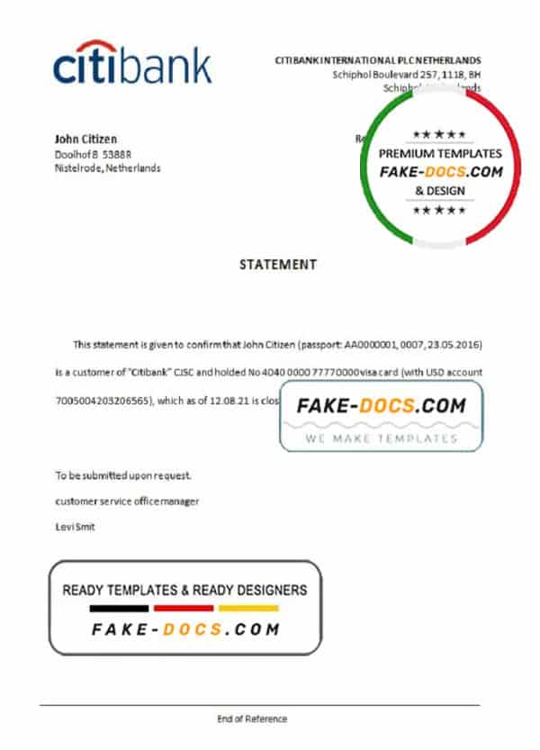 Netherlands Citibank account closure certificate template in Word and ...