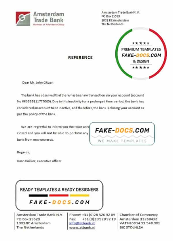 Netherlands Amsterdam Trade Bank account closure certificate template ...