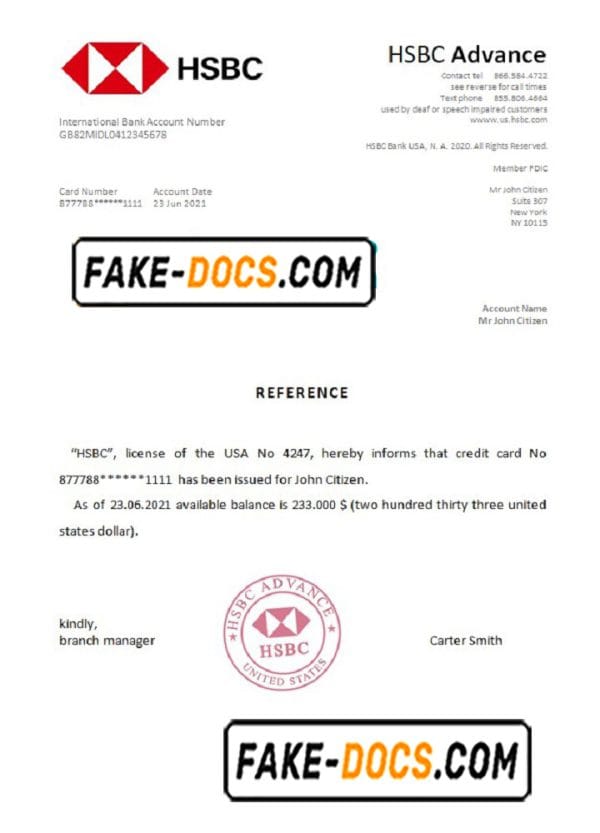 USA HSBC bank account reference letter template in Word and PDF format ...