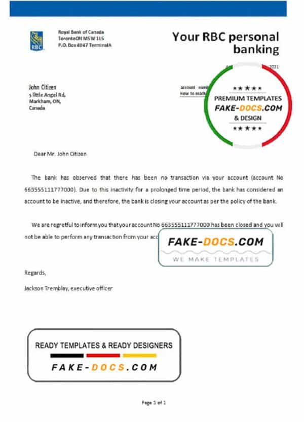 Canada Royal Bank of Canada (RBC) bank account closure reference letter ...