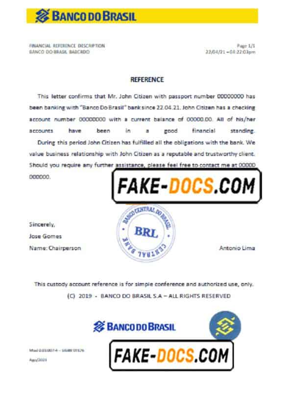 Brazil Banco do Brasil bank account reference letter template in Word ...