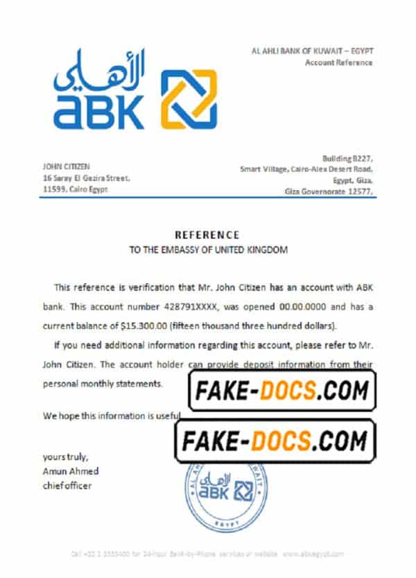 Egypt Al Ahli Bank of Kuwait bank account reference letter template in ...