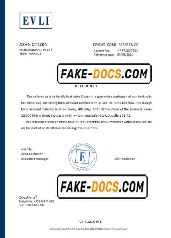 Finland Evli bank reference letter template in Word and PDF format ...