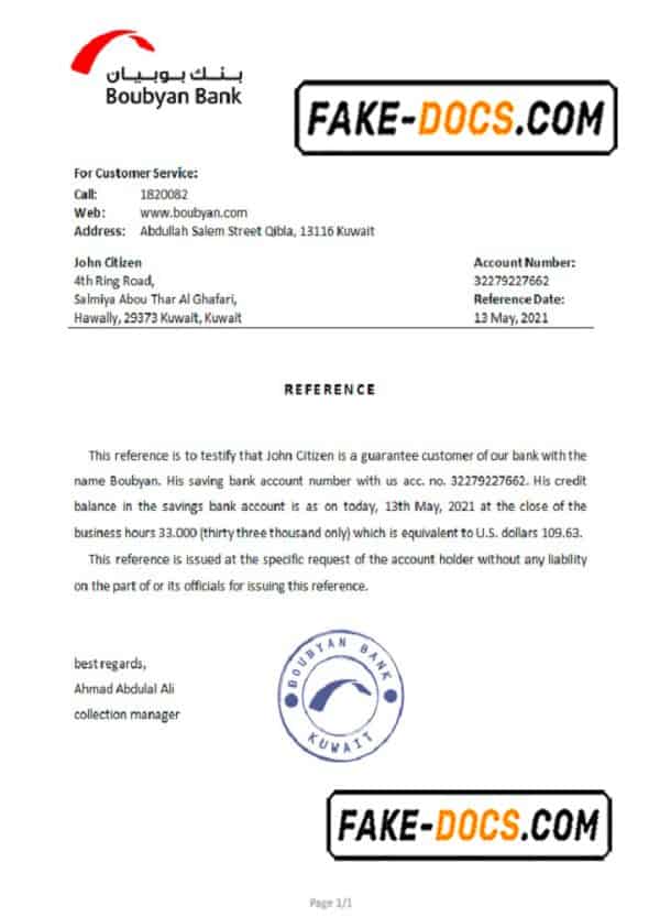 Kuwait Boubyan bank account reference letter template in Word and PDF ...