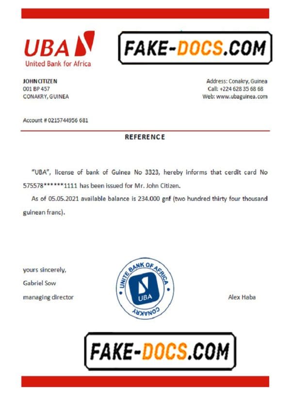 Guinea UBA bank account reference letter template in Word and PDF ...