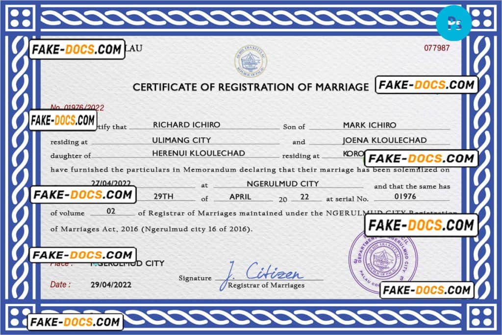 Palau marriage certificate PSD template, completely editable | Fake ...
