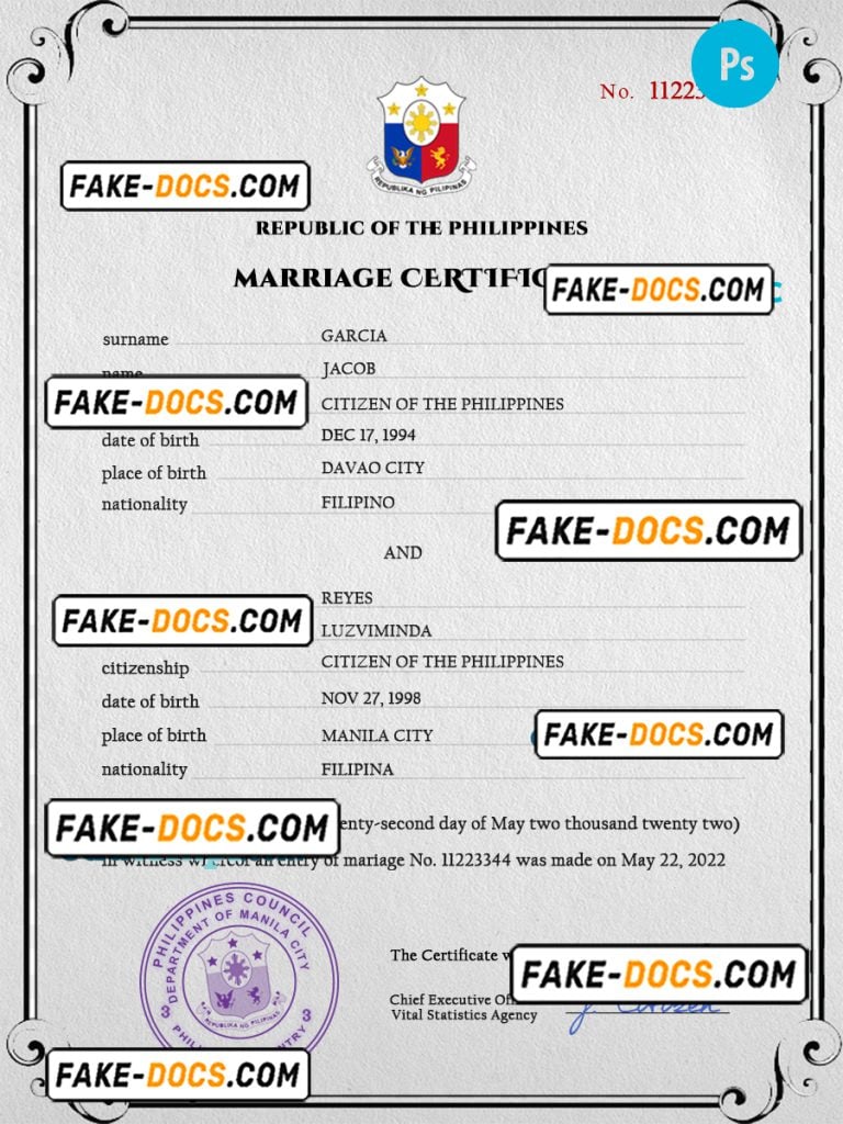 Philippines marriage certificate PSD template, completely editable ...