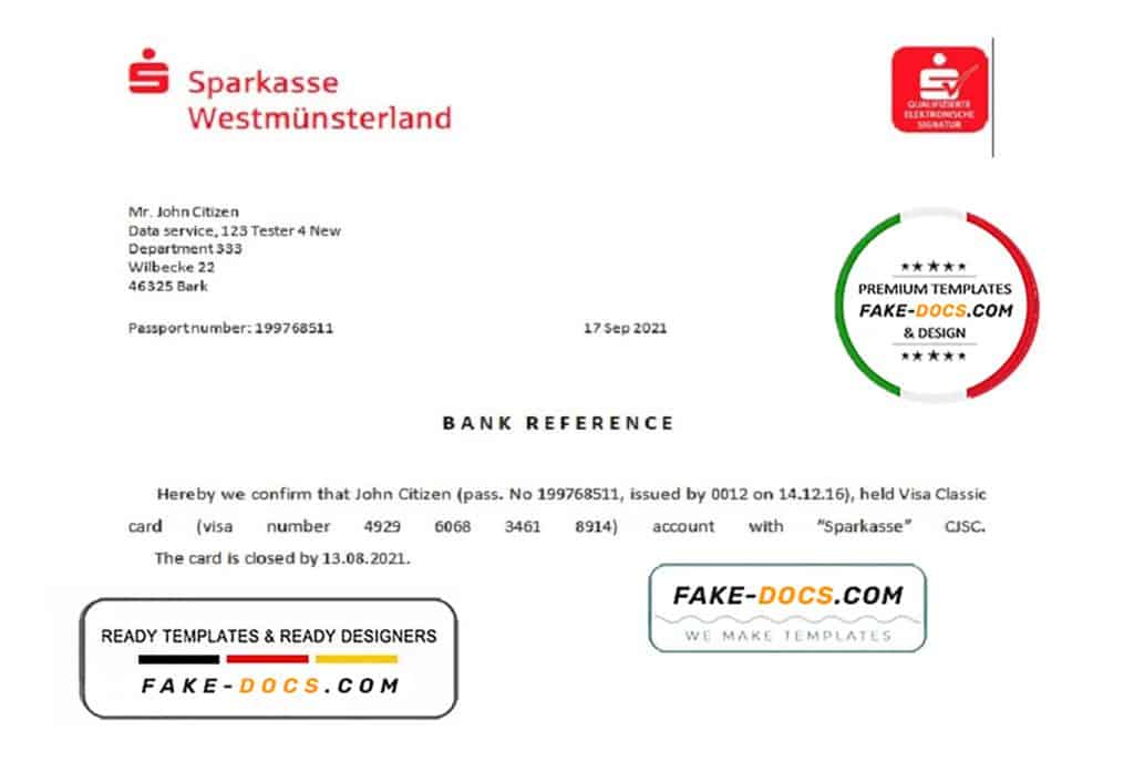 Germany Sparkasse bank account closure reference letter template in Word and PDF format | Fake ...