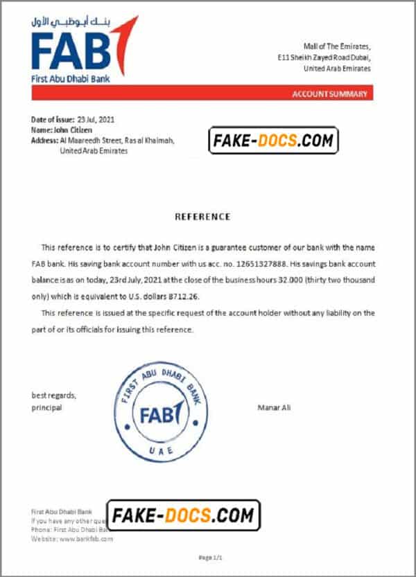 UAE FAB bank account balance reference letter template in Word and PDF ...