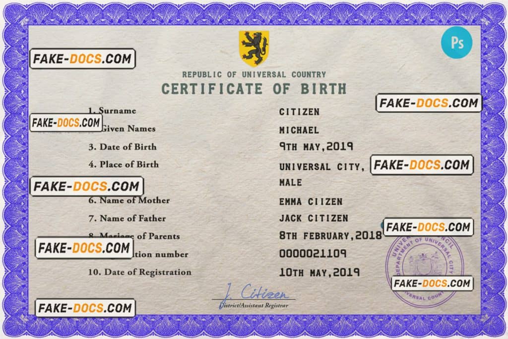bold universal birth certificate PSD template, completely editable ...