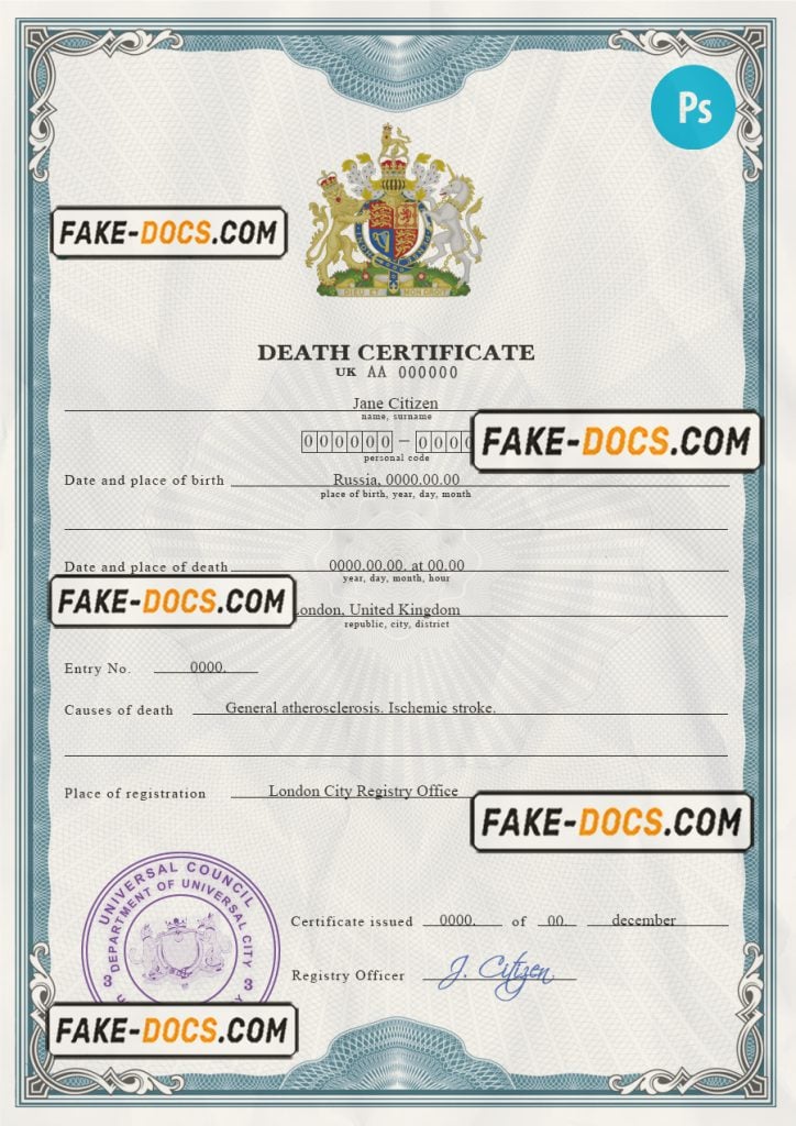 origin break vital record death certificate universal PSD template | Fake Docs Shop
