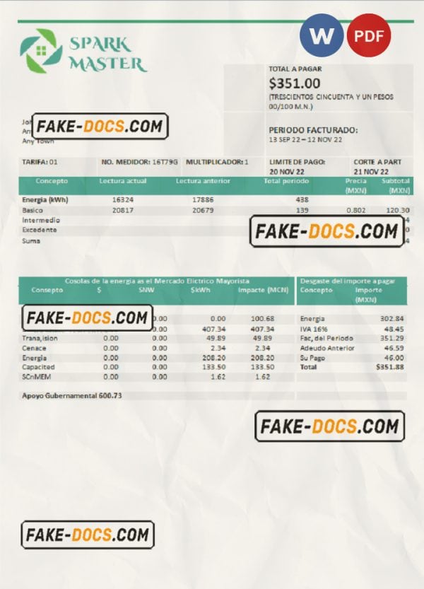 spark master universal multipurpose utility bill, Word and PDF template ...