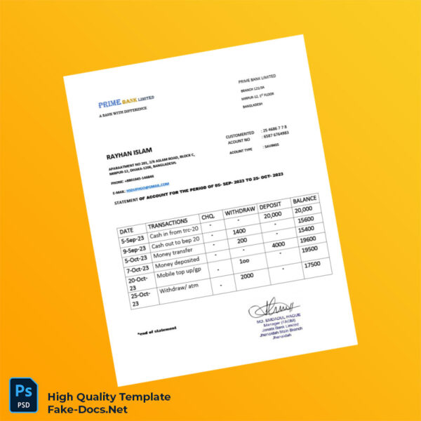 Bangladesh Janata Bank Limited Bank Statement Template in Word and PDF ...