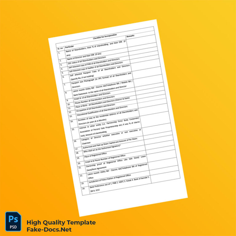India Editable Checklist for Incorporation of PVT LTD Template in Word ...