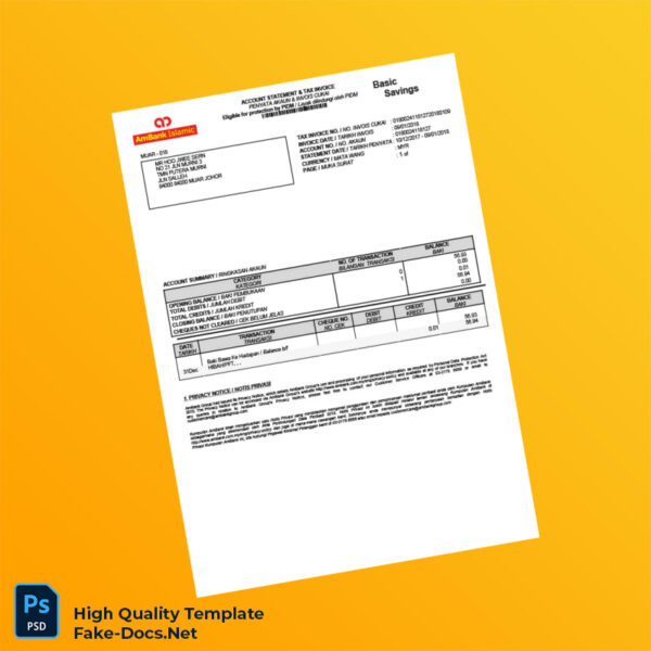 Malaysia AmBank Islamic Account Statement and Tax Invoice Template in Word and PDF formats 2 ...