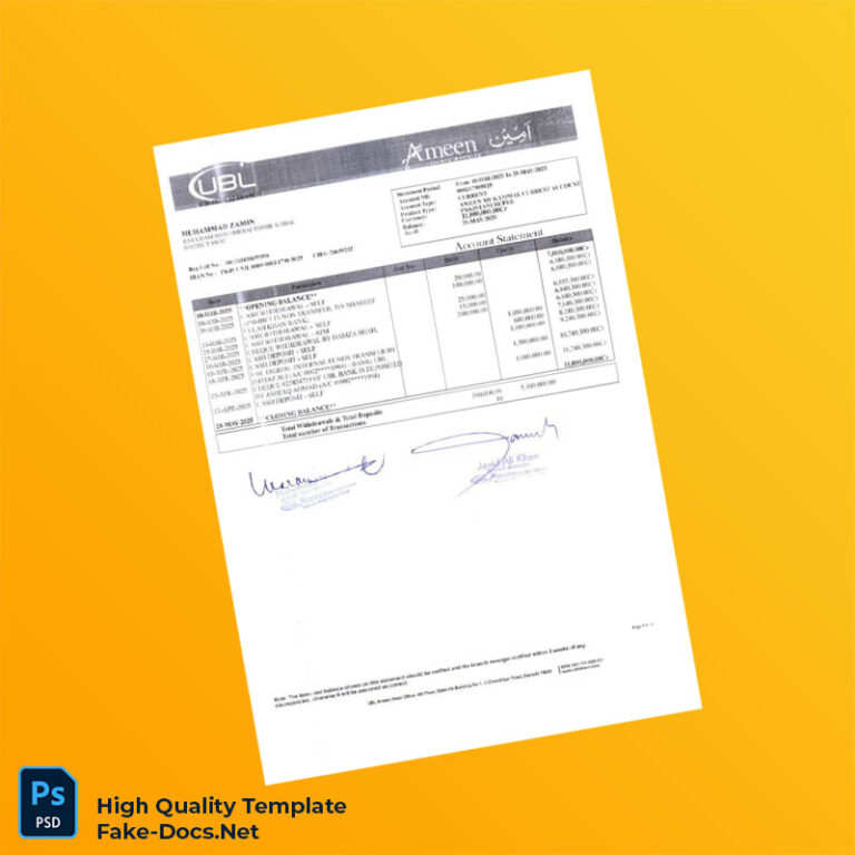 Pakistan UBL Account Statement Template in Word and PDF formats | Fake ...
