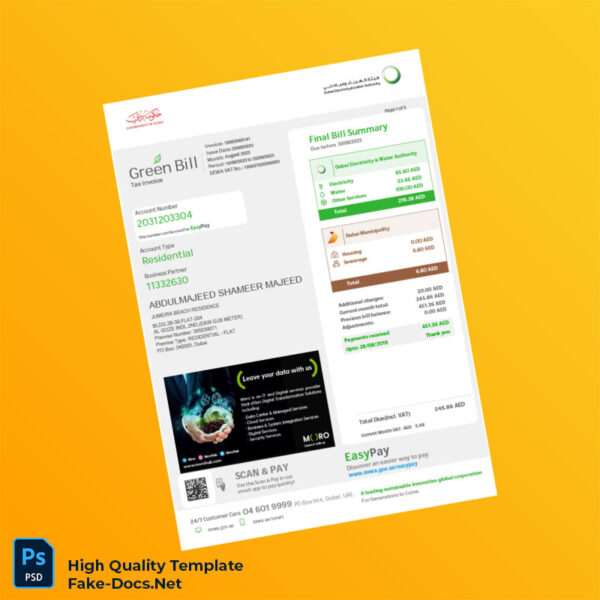 UAE Dubai Electricity Water Authority Editable Utility Bill Template in ...