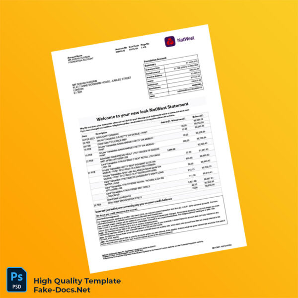 UK NatWest Bank Statement Template in Word and PDF formats 2 page ...