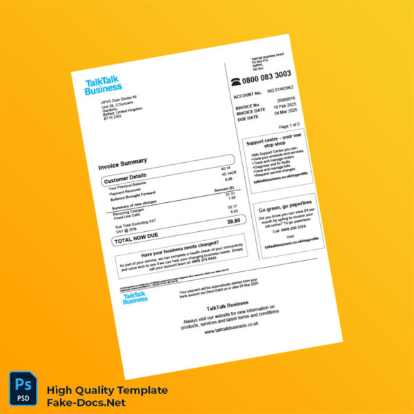 UK TalkTalk Business Editable Utility Bill Template in Word and PDF ...