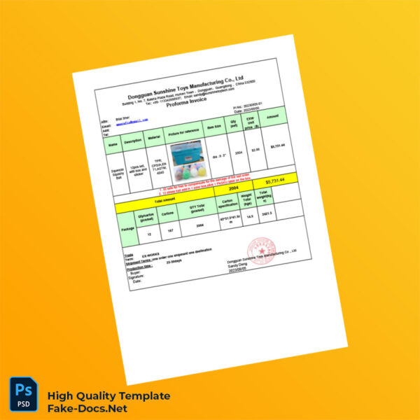 China Dongguan Sunshine Toys Manufacturing Co Proforma Invoice Template ...