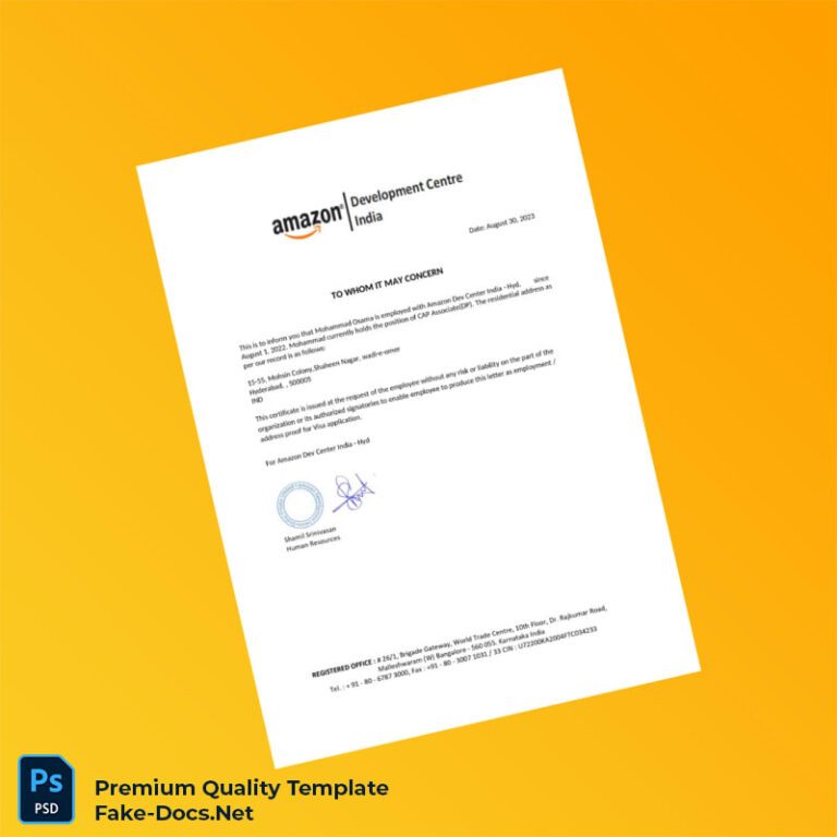India Amazon Development Centre Employment Verification Letter Template ...