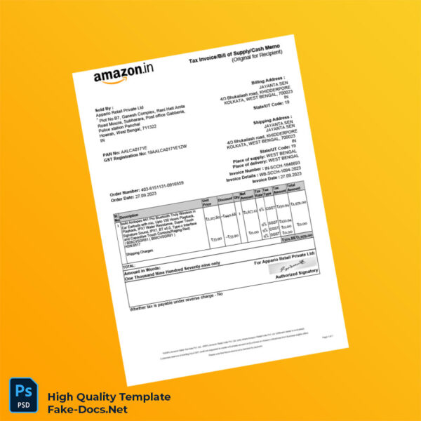 India Amazon Tax Invoice Template in Word and PDF formats | Fake Docs Shop