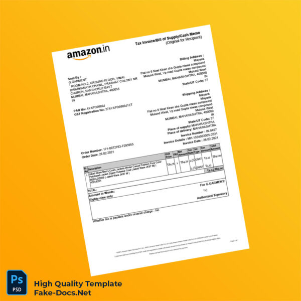 India G GARMENT Invoice Template in Word and PDF formats | Fake Docs Shop
