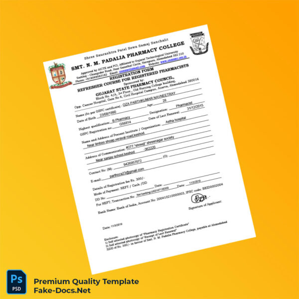 India Gujarat State Pharmacy Council Registration Form Template (Word ...