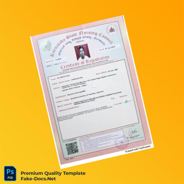 India Karnataka Nursing Council Certificate of Registration Template ...