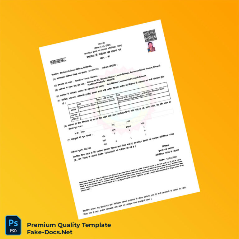 India Labour Department Registration Certificate Template (Word & PDF) | Fake Docs Shop