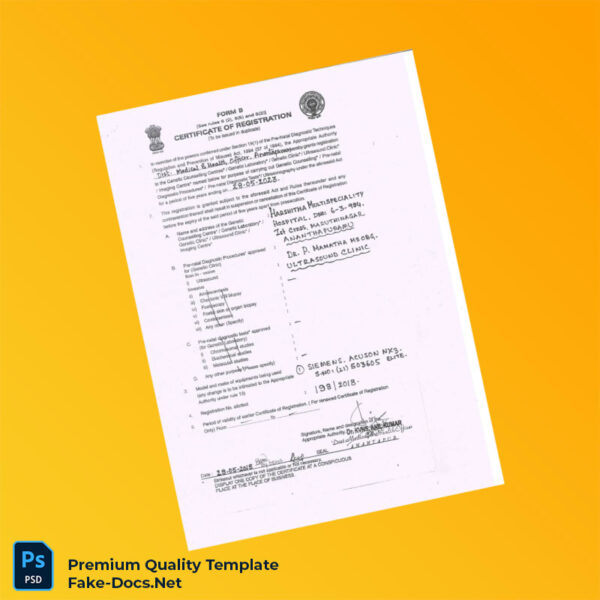 India Ministry of Health Editable PCPNDT Registration Certificate ...