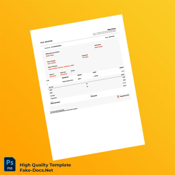 India OYO Invoice Template in Word and PDF formats | Fake Docs Shop