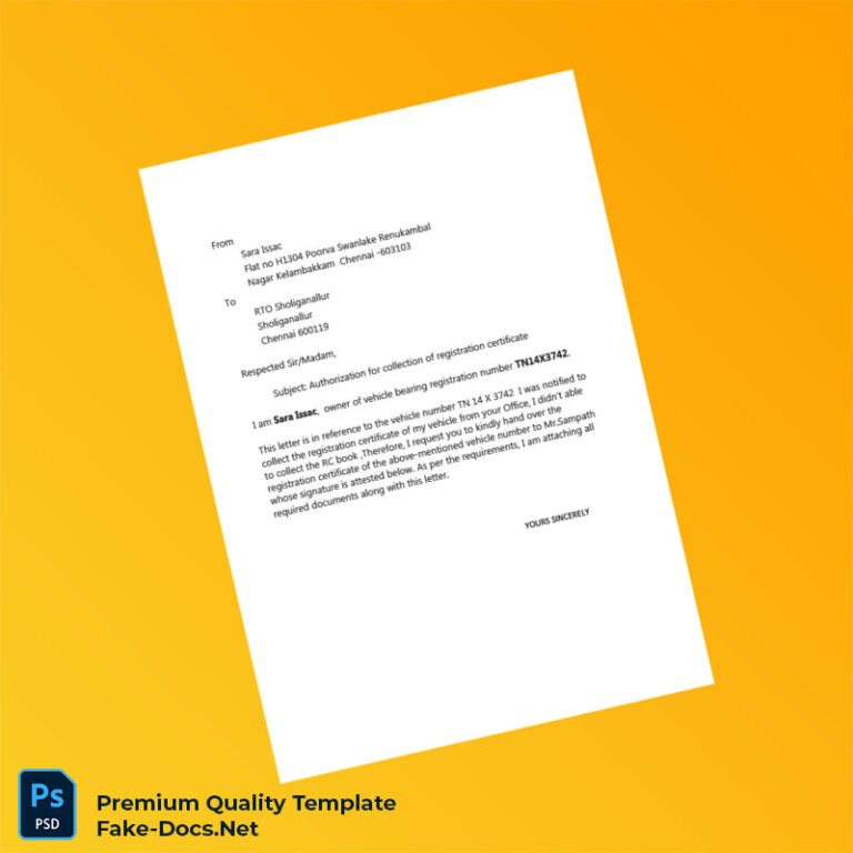 India RTO Authorization Letter Template (Word & PDF) | Fake Docs Shop
