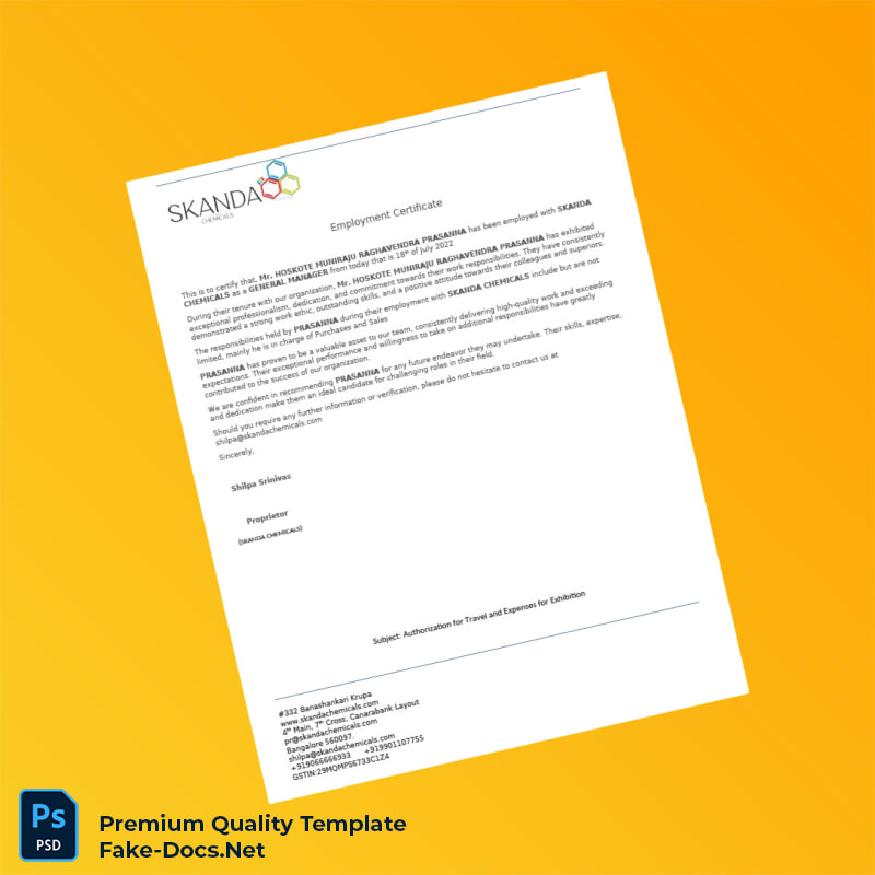 India Skanda Chemicals Employment Verification Letter Template (Word & PDF) 4 page | Fake Docs Shop